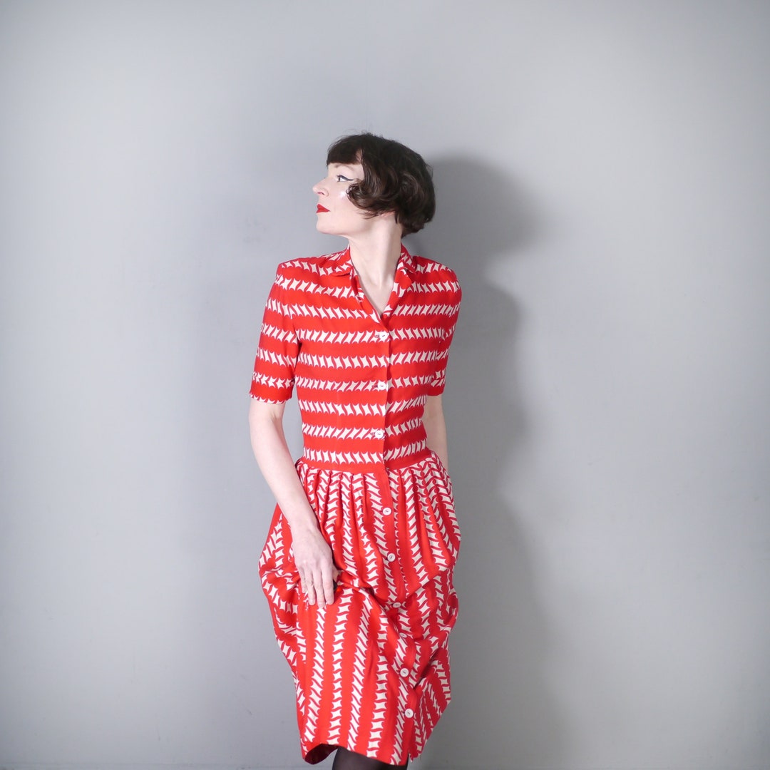 40s RED and WHITE Patterned Dress - 1940s Art Deco Soft Rayon BUTTON ...