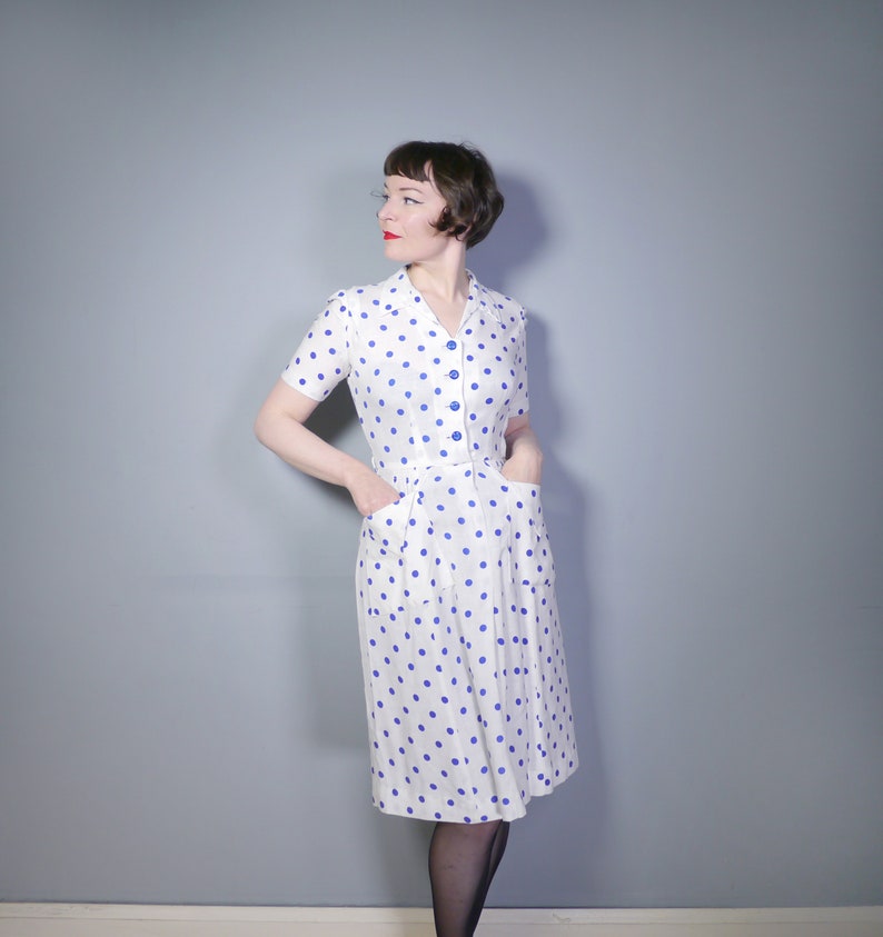 Late 40s PEGGY PAGE dress in white with blue POLKA dot print | Etsy