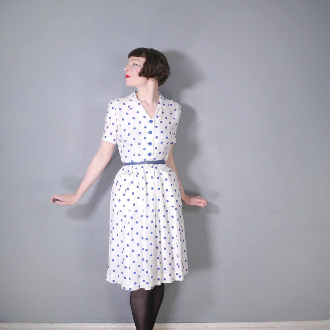 Late 40s PEGGY PAGE Dress in White With Blue POLKA Dot Print - 1940s ...