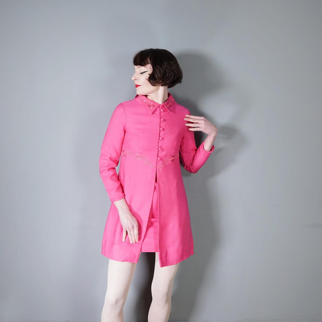 60s BOLD Shocking Pink "wendy" Mod Mini Dress and Coat Set With Floral ...