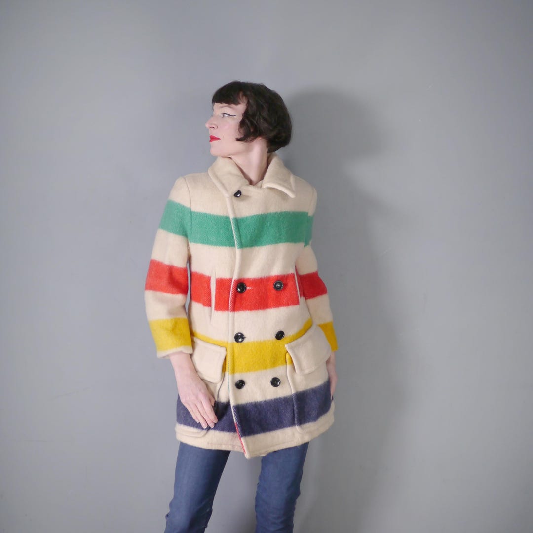 60s HUDSON BAY Striped Wool Blanket Jacket / Coat - Cream Colourblock ...