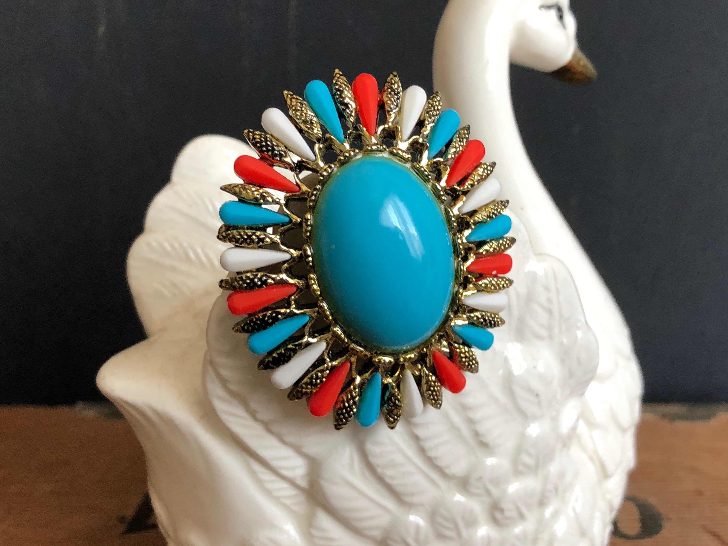 Turquoise Pin Coral Red White Gold Metal Oval Brooch Vintage - Etsy ...