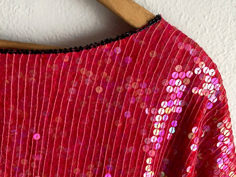 Red Sequin Shirt Silk Blouse Black Rose Beaded Leaves Short | Etsy