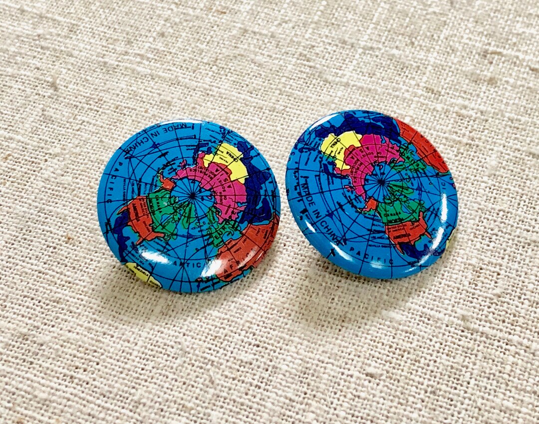World Map Pins Set of 2 Blue Pink Yellow Earth Badge Vintage Distressed ...