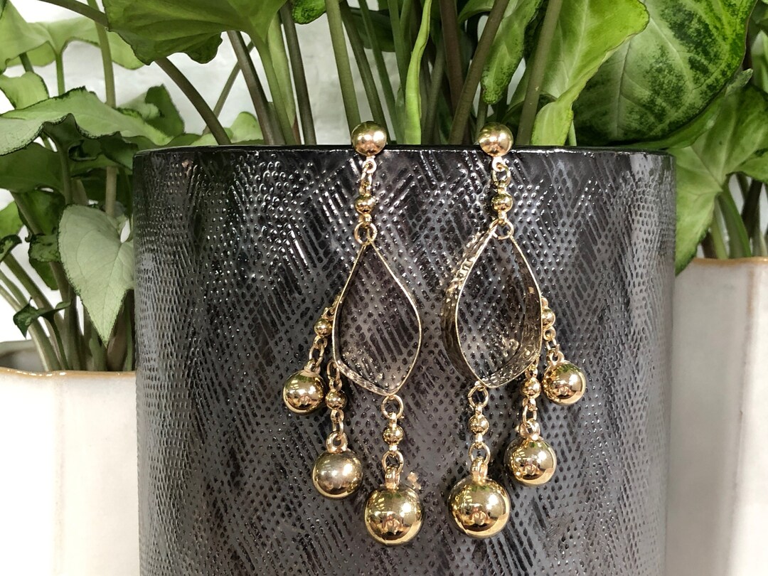 Gold Earrings Dangly Bead Teardrop Metal Jingly Vintage Jewelry Stud ...