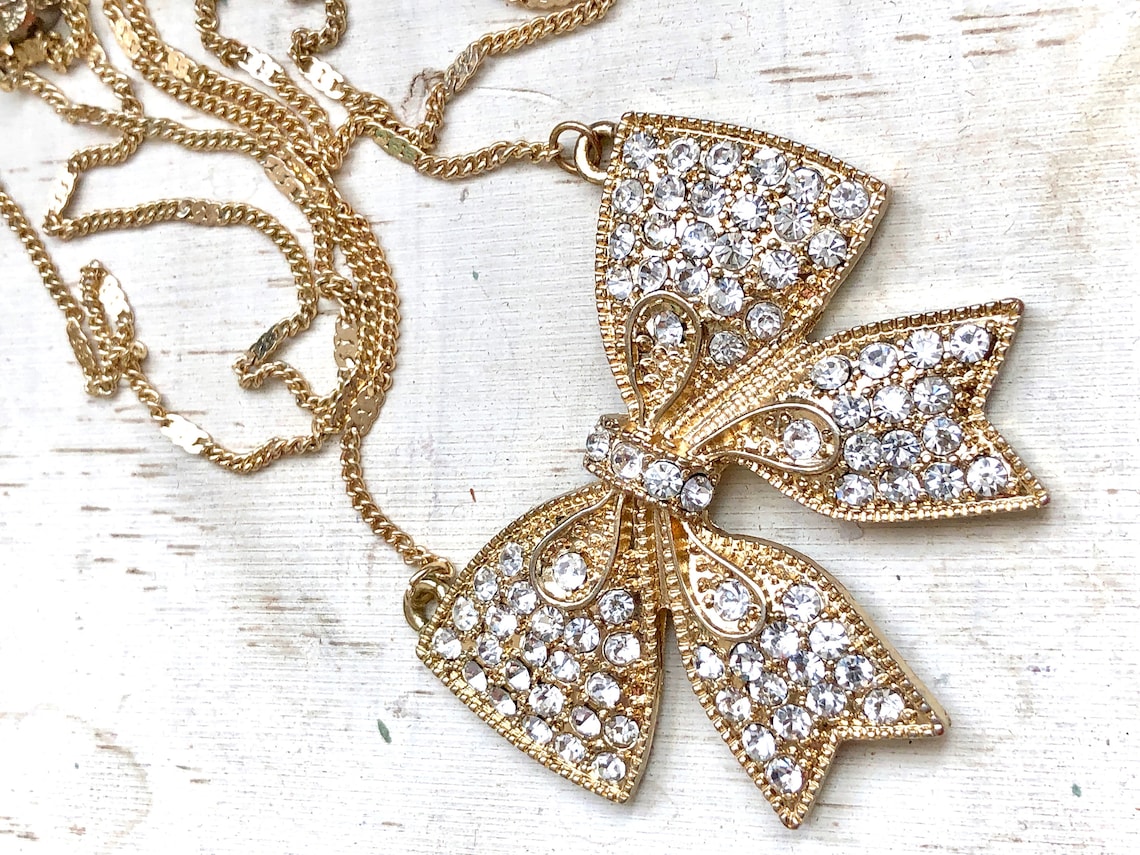 Bow Necklace Rhinestones Gold Metal Chain Simple Jewelry - Etsy