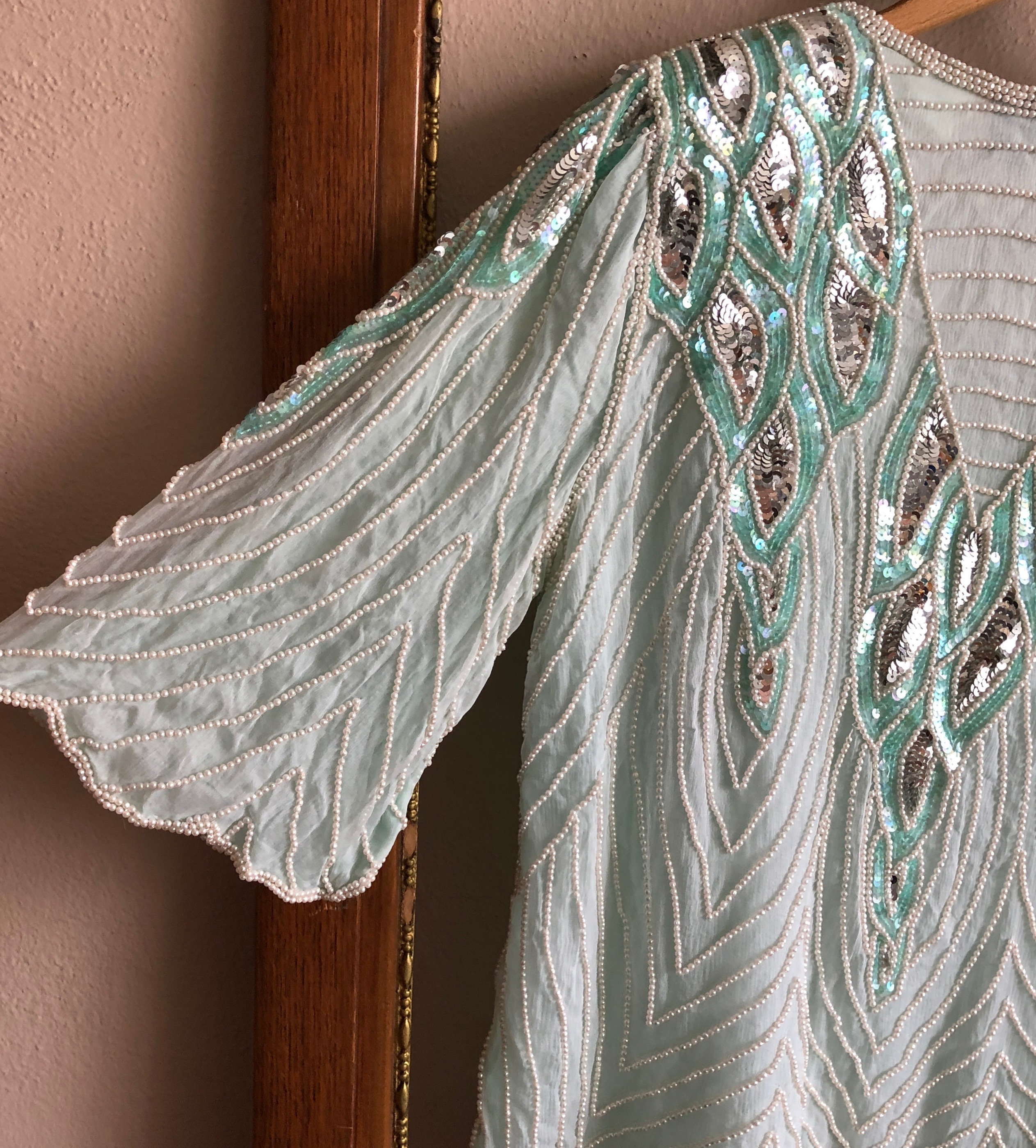 Mint Green Sequin Blouse Silk Shirt White Beading Vintage Boho Glam ...