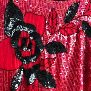 Red Sequin Shirt Silk Blouse Black Rose Beaded Leaves Short Sleeve Pink ...