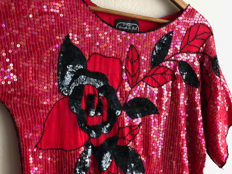 Red Sequin Shirt Silk Blouse Black Rose Beaded Leaves Short | Etsy
