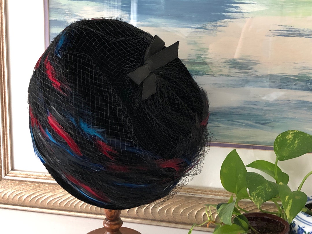 Feather Hat Cloche Velvet Black Rim Red Blue Feathers Tulle Bow Band ...