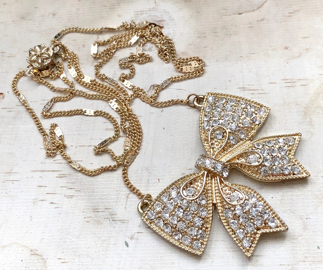 Bow Necklace Rhinestones Gold Metal Chain Simple Jewelry Vintage Long ...