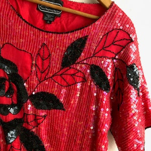 Red Sequin Shirt Silk Blouse Black Rose Beaded Leaves Short Sleeve Pink ...