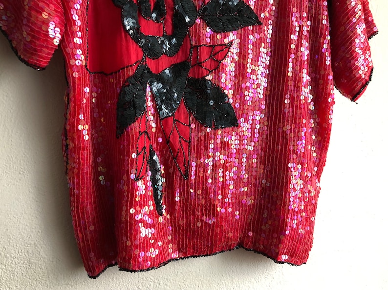 Red Sequin Shirt Silk Blouse Black Rose Beaded Leaves Short | Etsy
