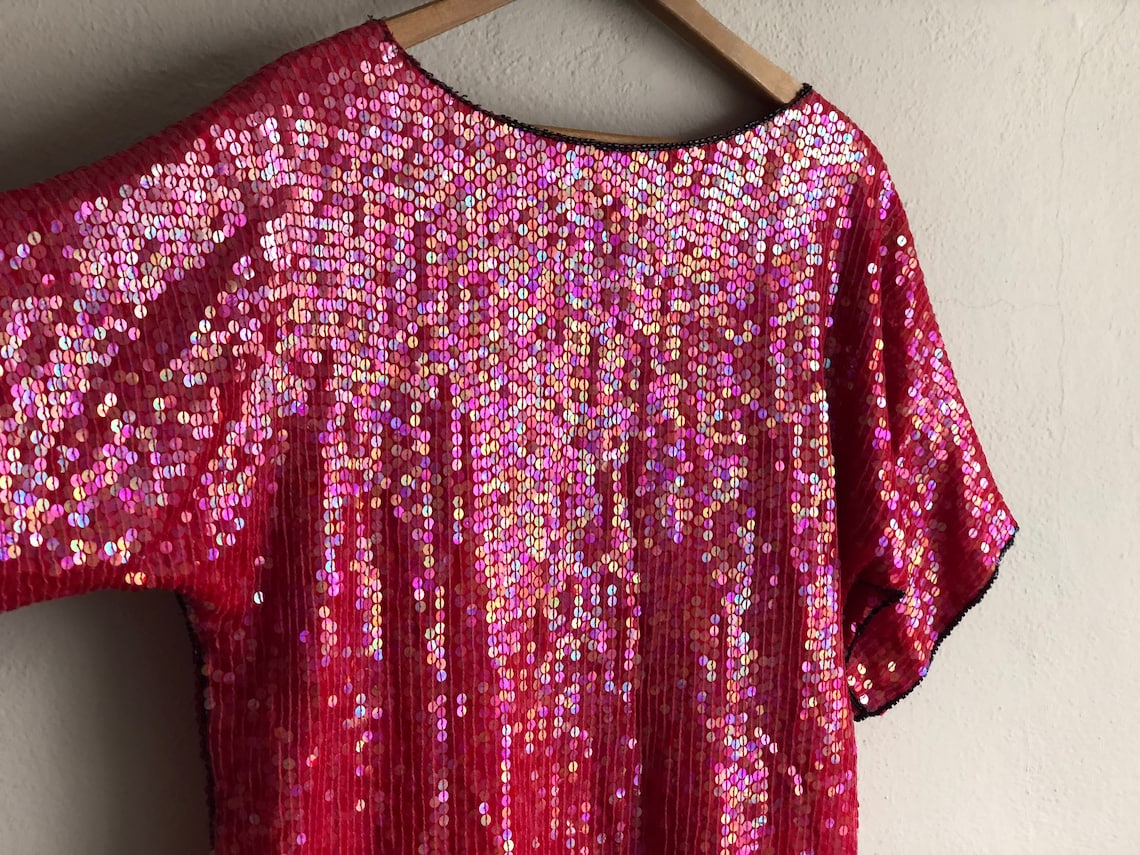 Red Sequin Shirt Silk Blouse Black Rose Beaded Leaves Short Sleeve Pink ...
