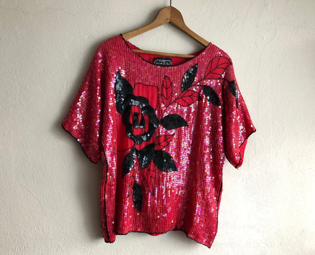 Red Sequin Shirt Silk Blouse Black Rose Beaded Leaves Short Sleeve Pink ...