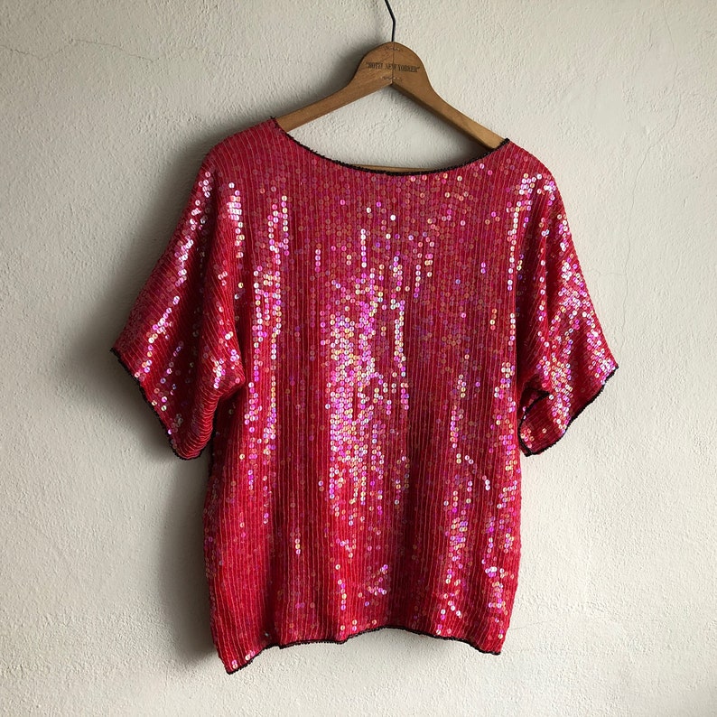 Red Sequin Shirt Silk Blouse Black Rose Beaded Leaves Short | Etsy