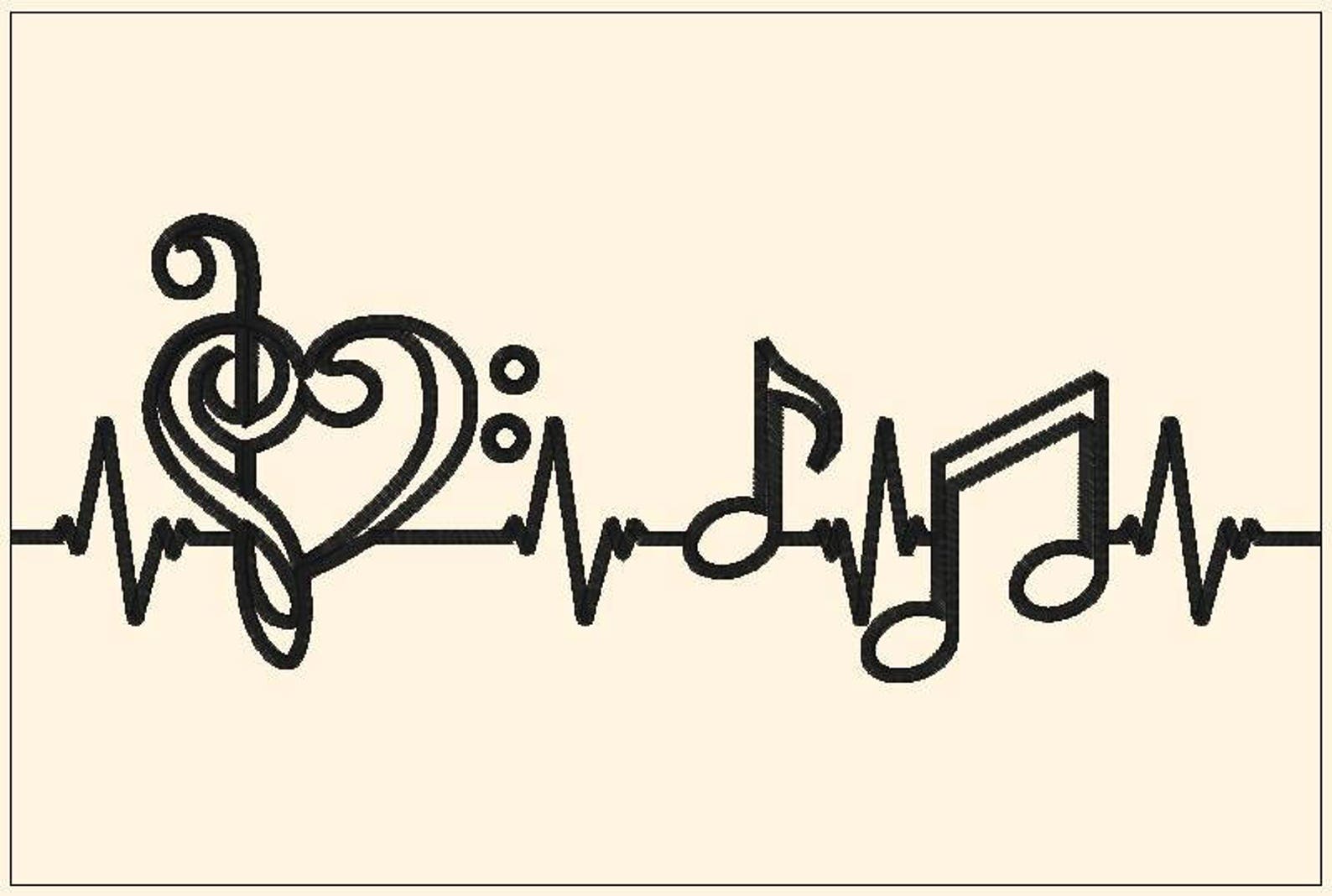 Music Notes Heartbeat Line Embroidery Design 4 Sizes - Etsy