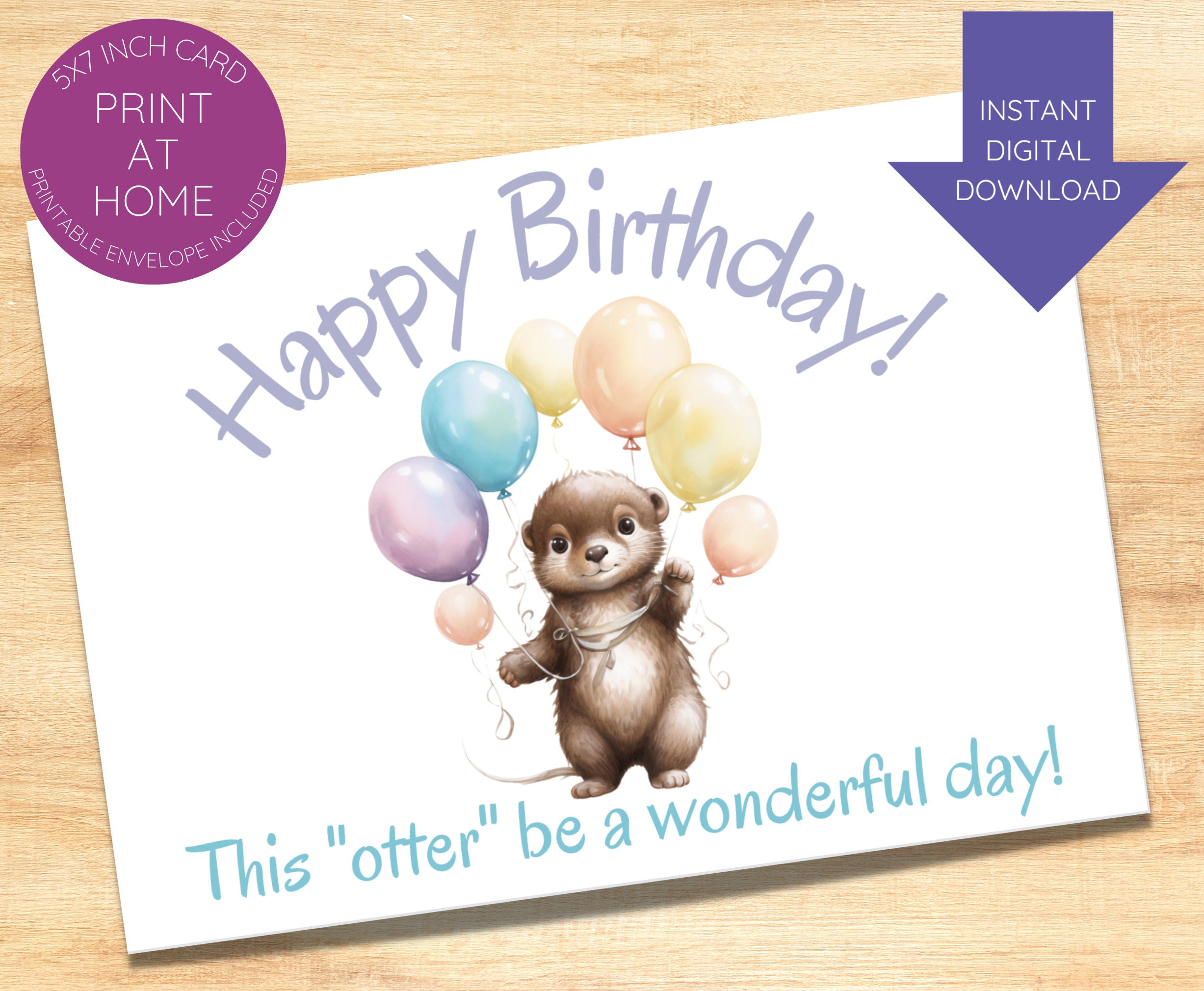 Otter Birthday Printable Card-instant Download-pastel-cute Animal-for ...