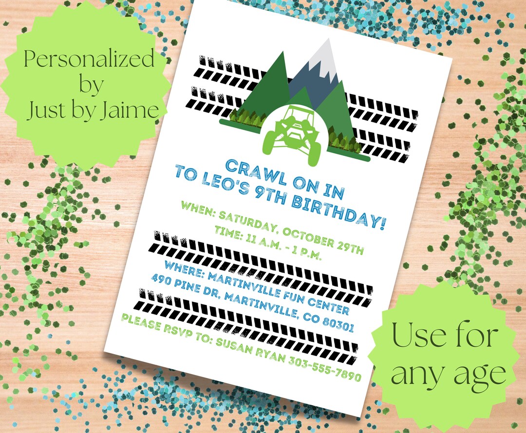 UTV off Roading Birthday Invitation/invite-blue and Lime Green ...