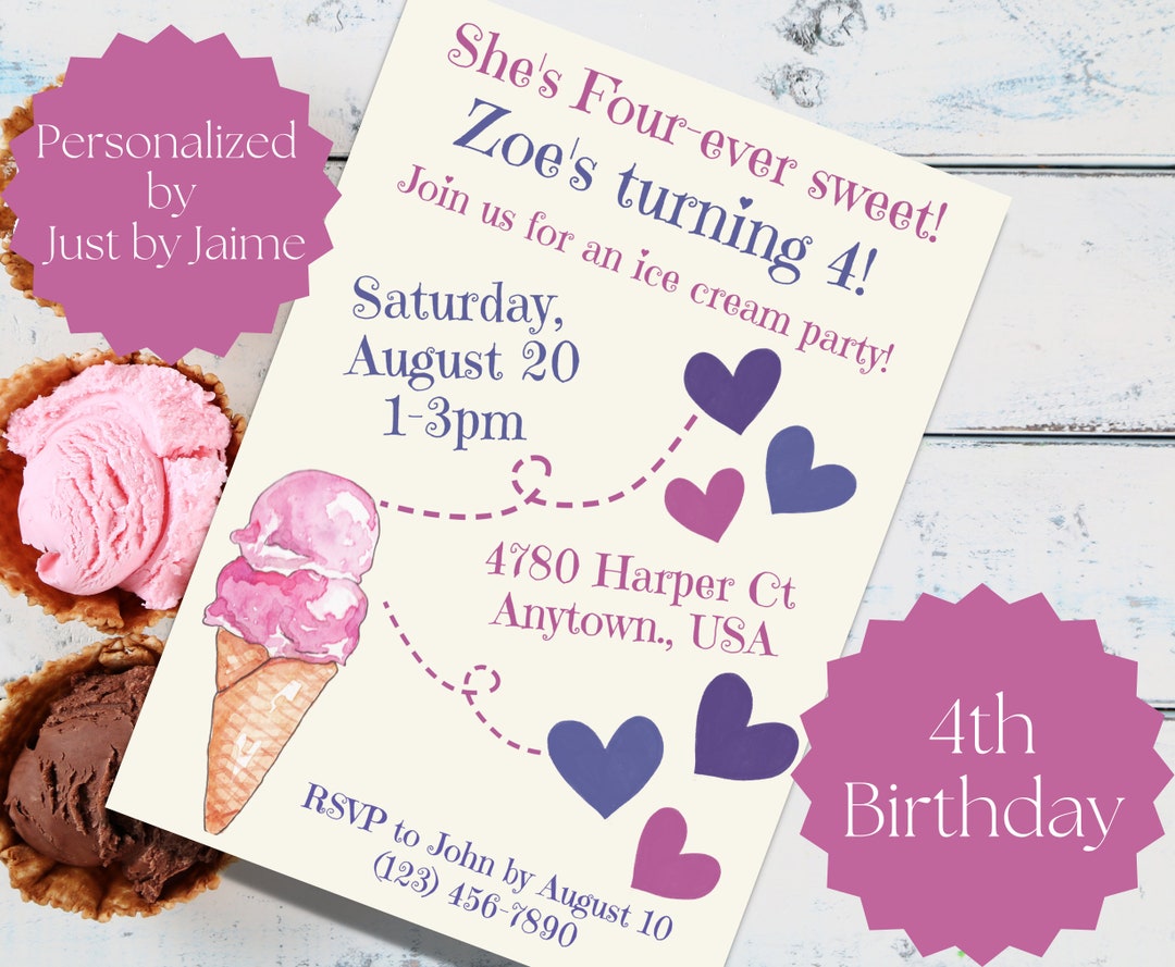 4th/fourth Ice Cream Birthday Party Invitation/invite-turning 4/four ...