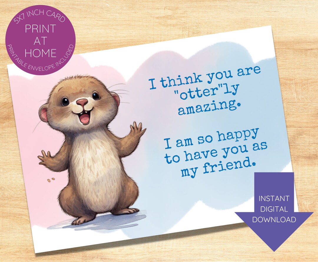 Otter Friendship Printable Card-instant Download-pastel-cute Animal-for ...