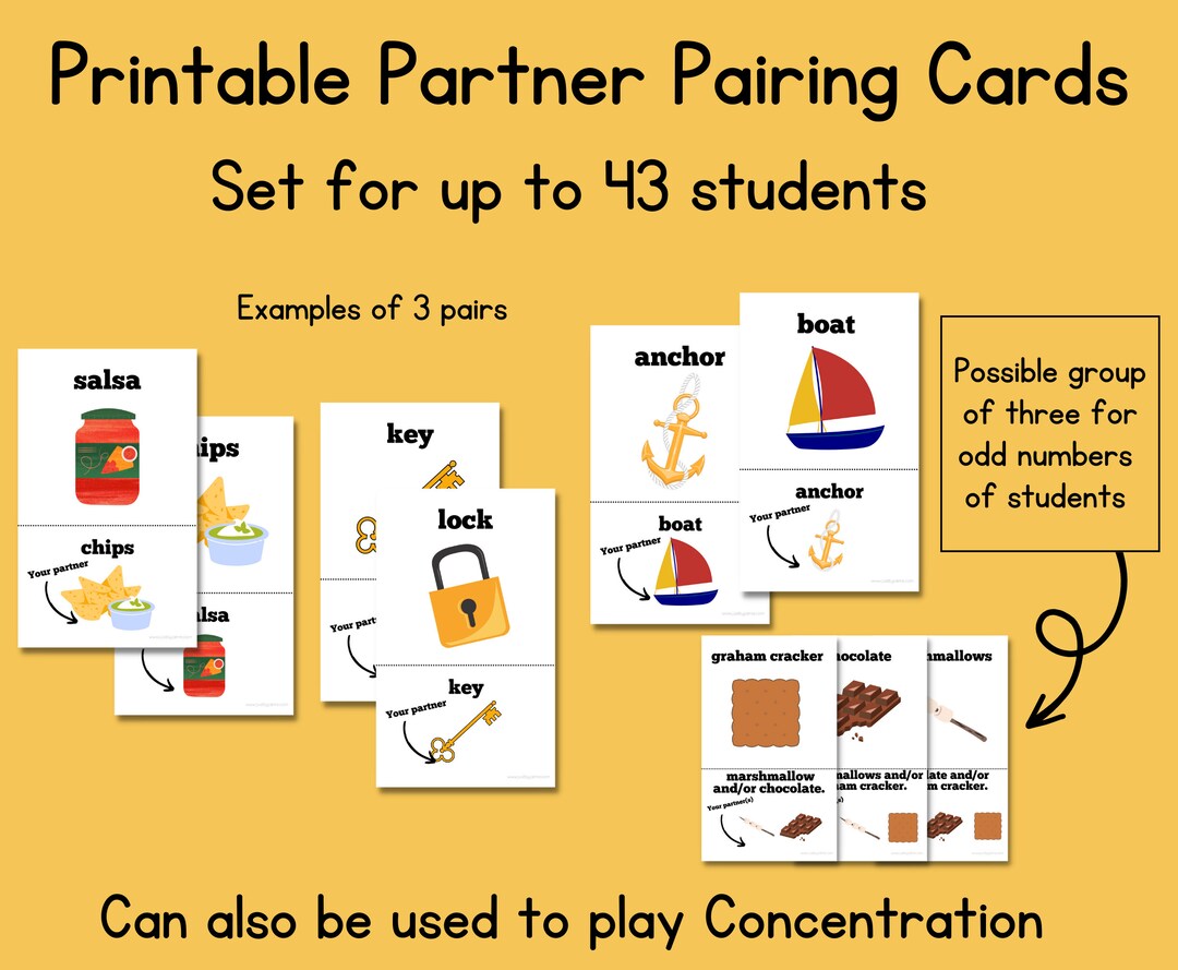 Printable Partner Pairing Matching Cards-upper Elementary-instant Download-classroom Management ...