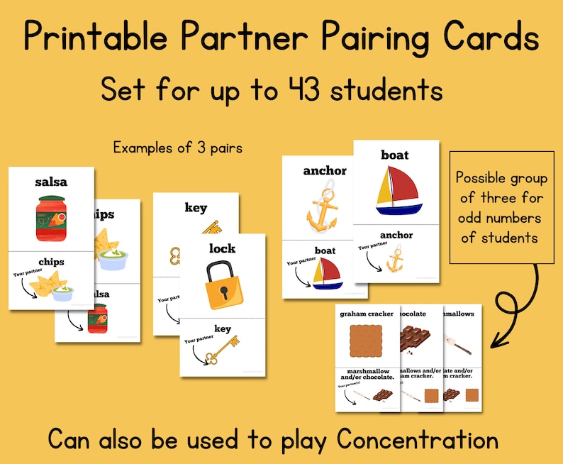 Printable Partner Pairing Matching Cards-upper Elementary-instant ...
