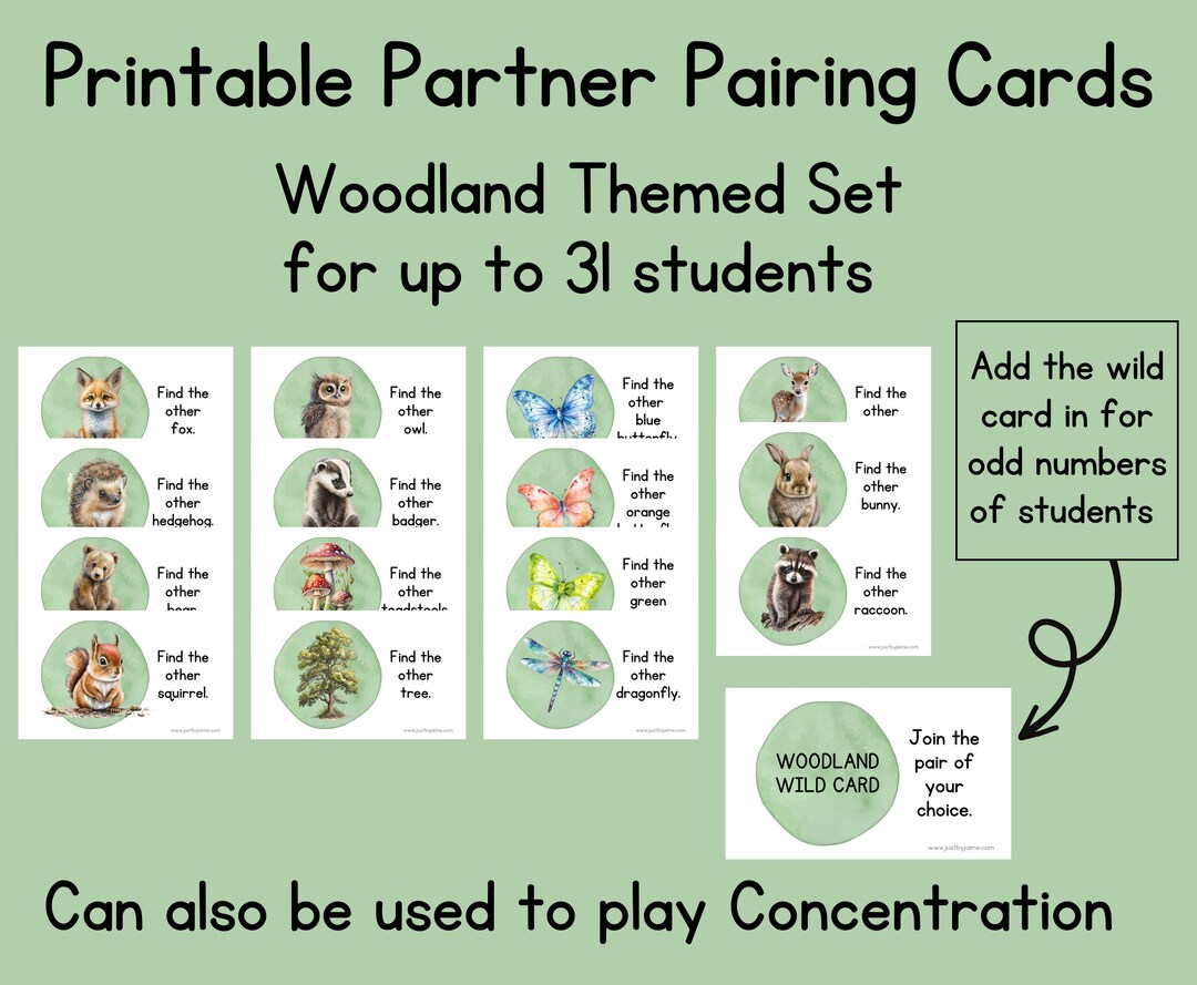 Printable Partner Pairing Matching Cards-woodland Animals-instant ...