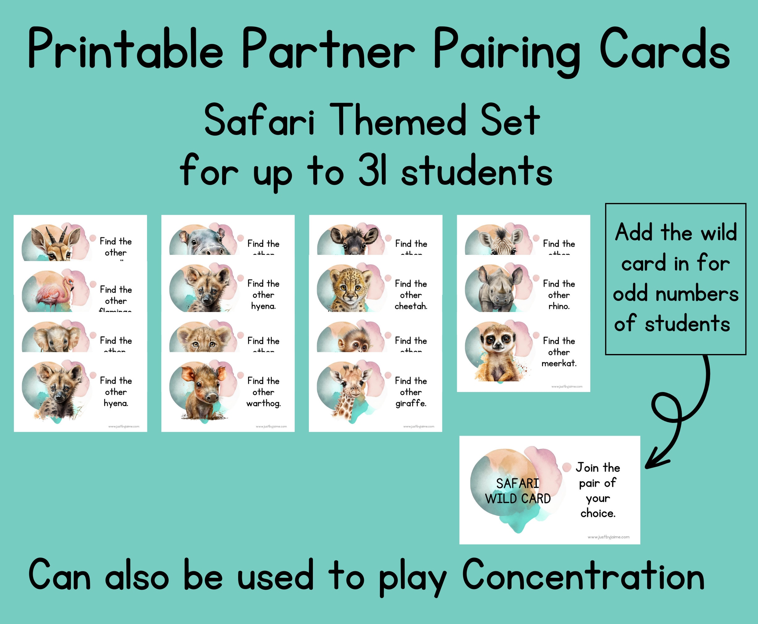 Printable Partner Pairing Matching Cards-safari Animals-instant ...