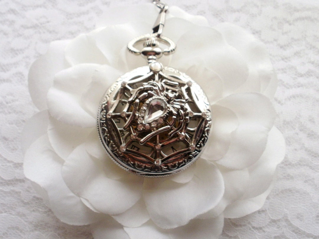 Gothic Style Spider Web Watch Necklace, Clear Rhinestone Spider Web ...