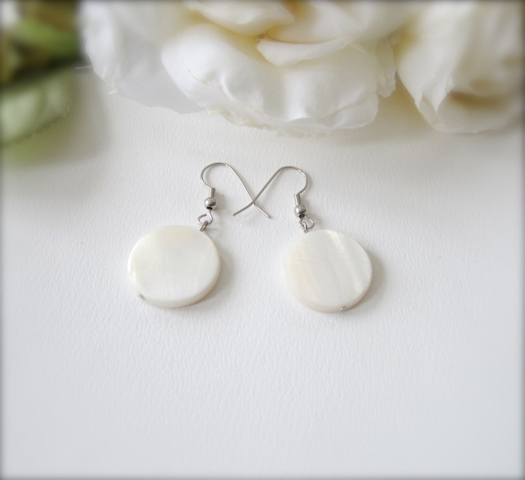Mother of Pearl Earrings, Round Shell Earrings, Bridal Earrings, Dangle ...