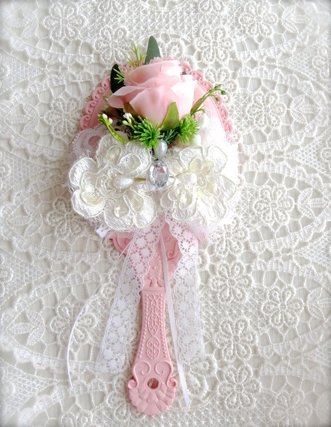 Pink Rose Hand Mirror, Shabby Dressing Table Mirror, Romantic With Lace ...