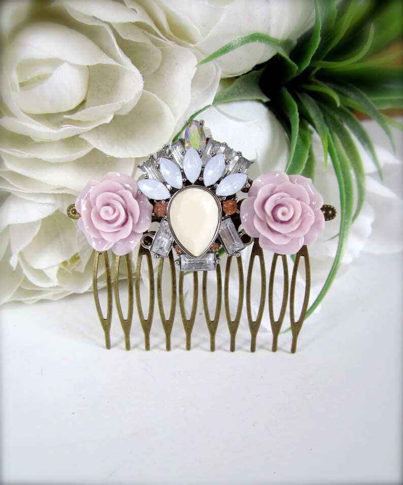 Lavender Purple Rose Brass Leaf Hair Comb, Flower Hair Comb, Vintage ...