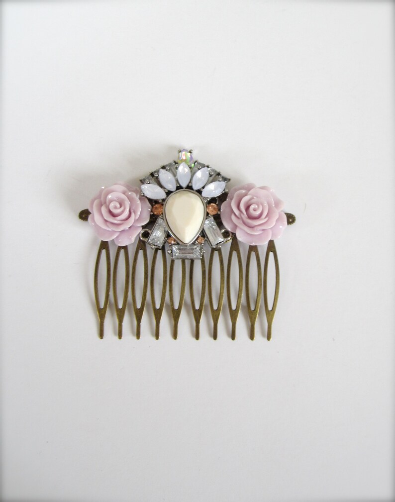 Lavender Purple Rose Brass Leaf Hair Comb, Flower Hair Comb, Vintage ...