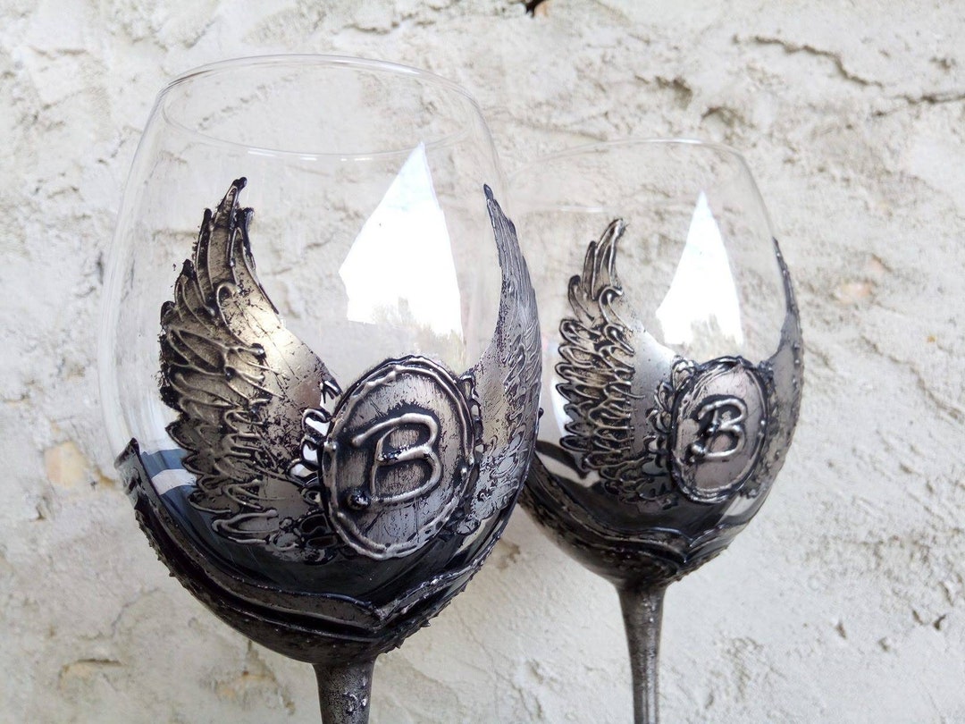 Silver Wine Glasses With Angel Wings and Monogram, Set of 2, Exquisite ...