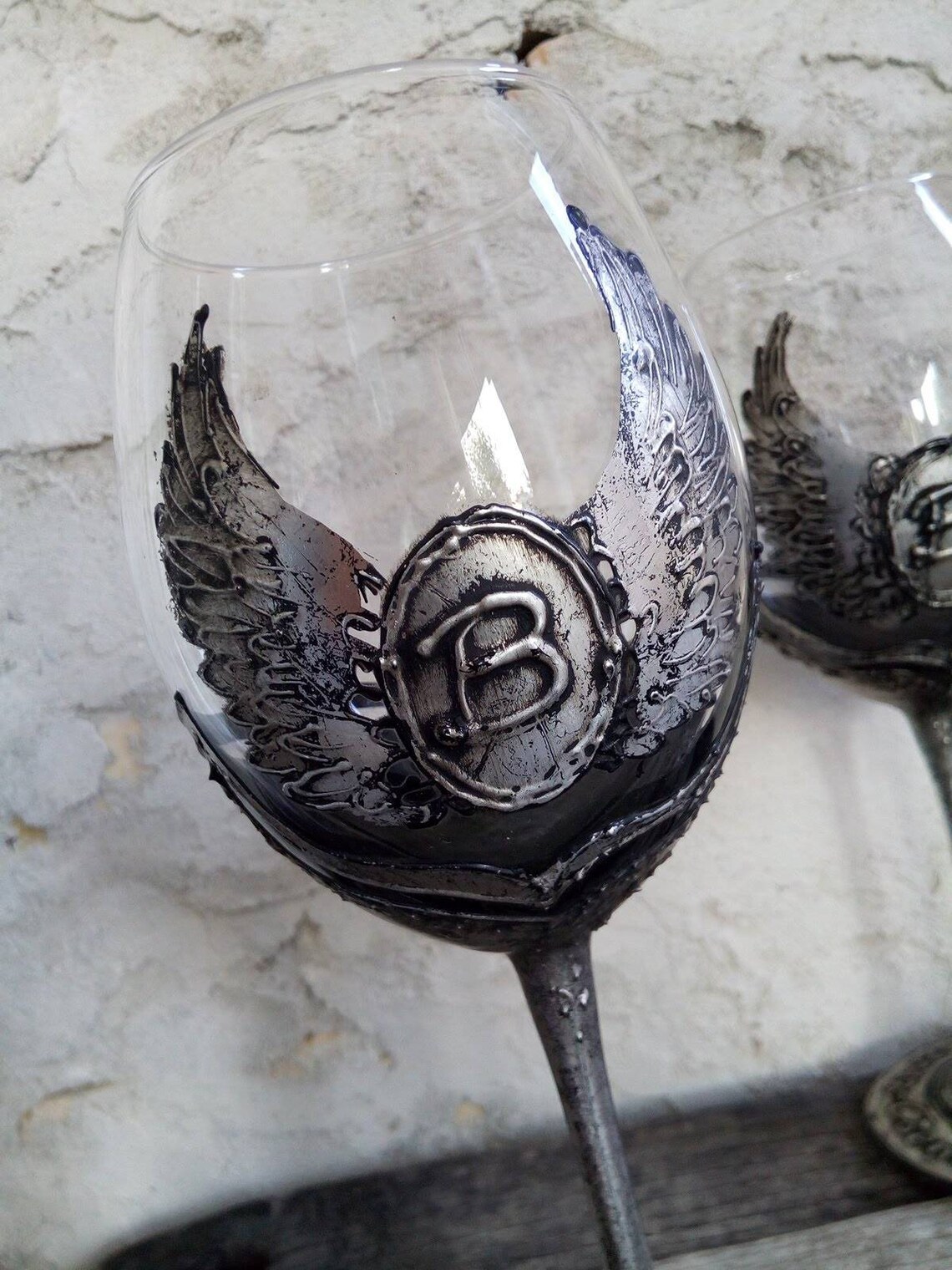 Silver Wine Glasses With Angel Wings and Monogram Set of 2 - Etsy