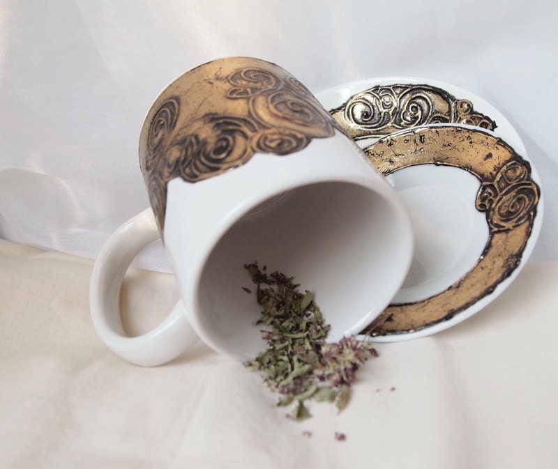 Hand Painted Tea Mug Set With Golden Spirals, Set for Tea Making Mug ...