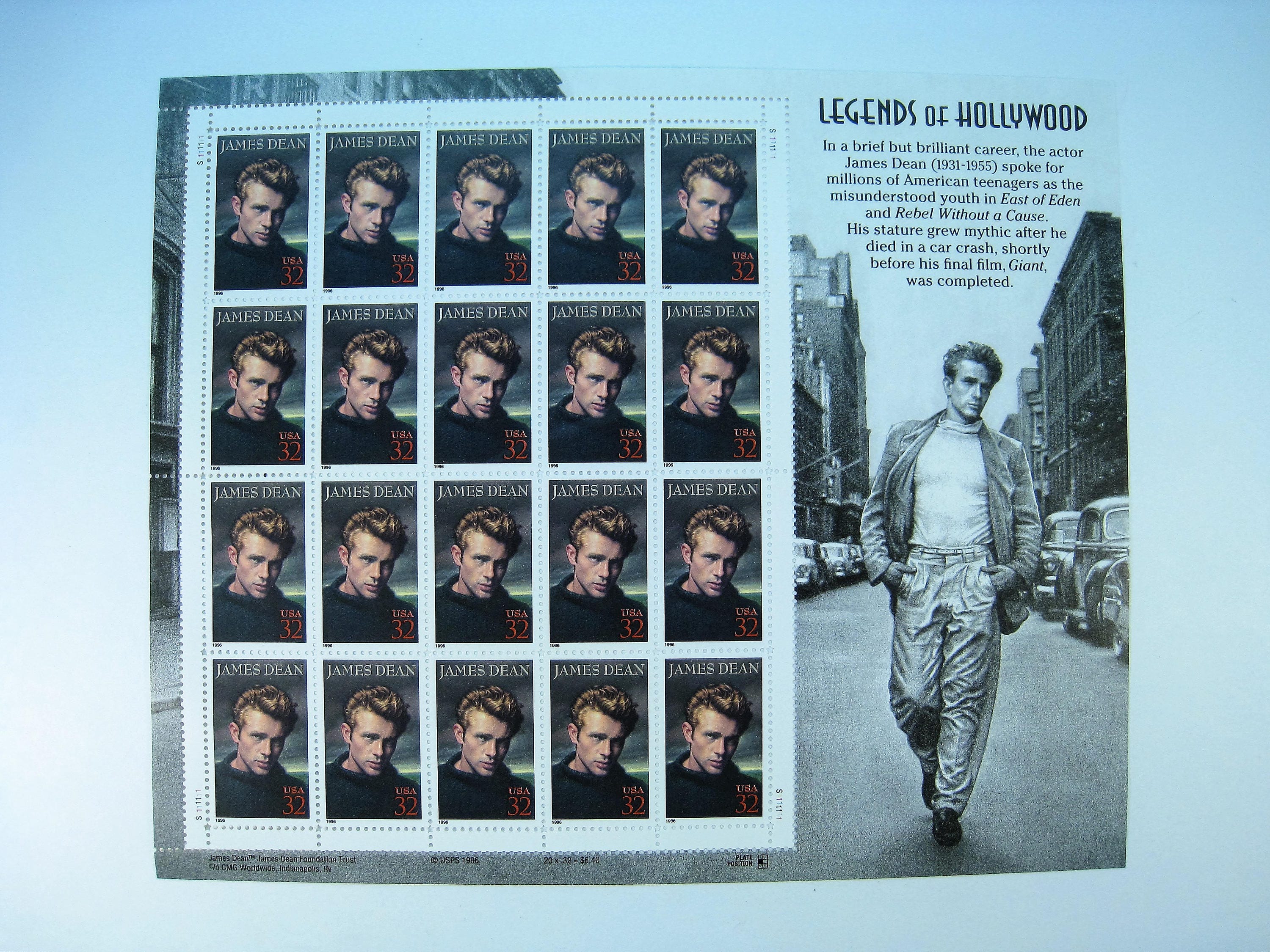 JAMES DEAN: Legends of Hollywood Stamps - COLLECTIBLE 1996 Full Uncut ...