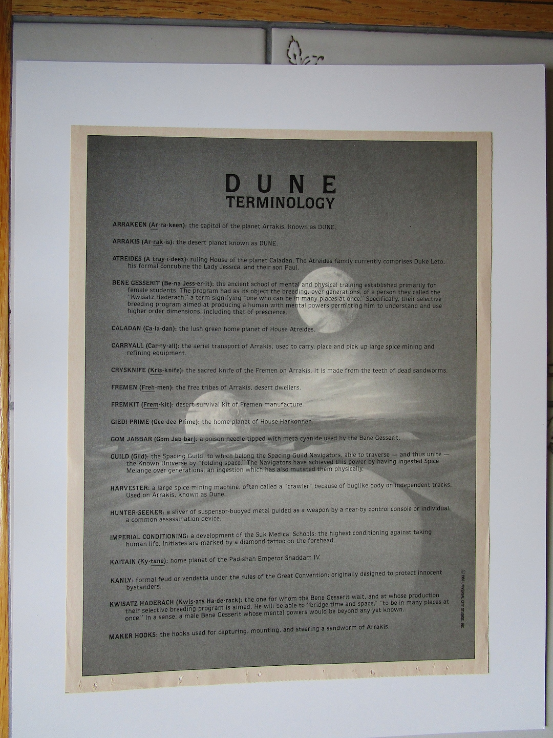 DUNE Terminology, David Lynch's 1984 Movie Sheet Handout to Selective ...