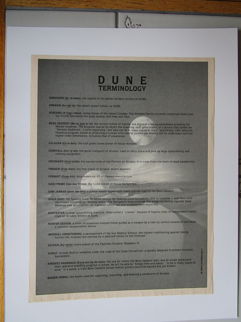 DUNE Terminology, David Lynch's 1984 Movie Sheet Handout to Selective Audiences W/protective ...