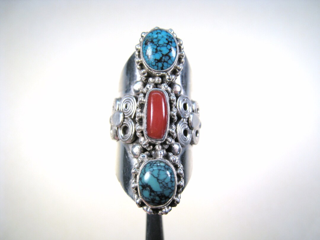 Native American SOUTHWESTERN TURQUOISE & Red Coral Ring Size 6 - 925 ...