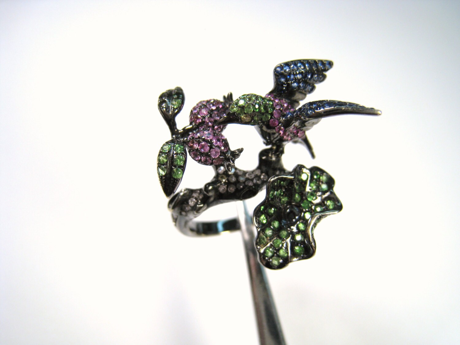 Sapphire, Tsavorite, Diamond Bird Ring 2.54 CTW Size 7 Black Rhodium ...
