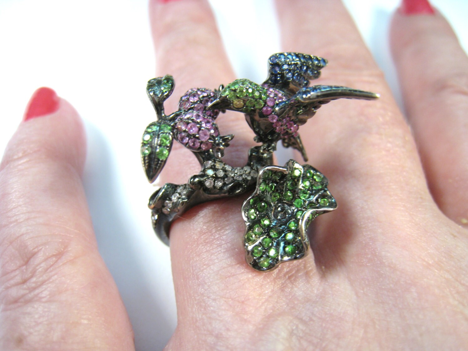 Sapphire, Tsavorite, Diamond Bird Ring 2.54 CTW Size 7 Black Rhodium ...