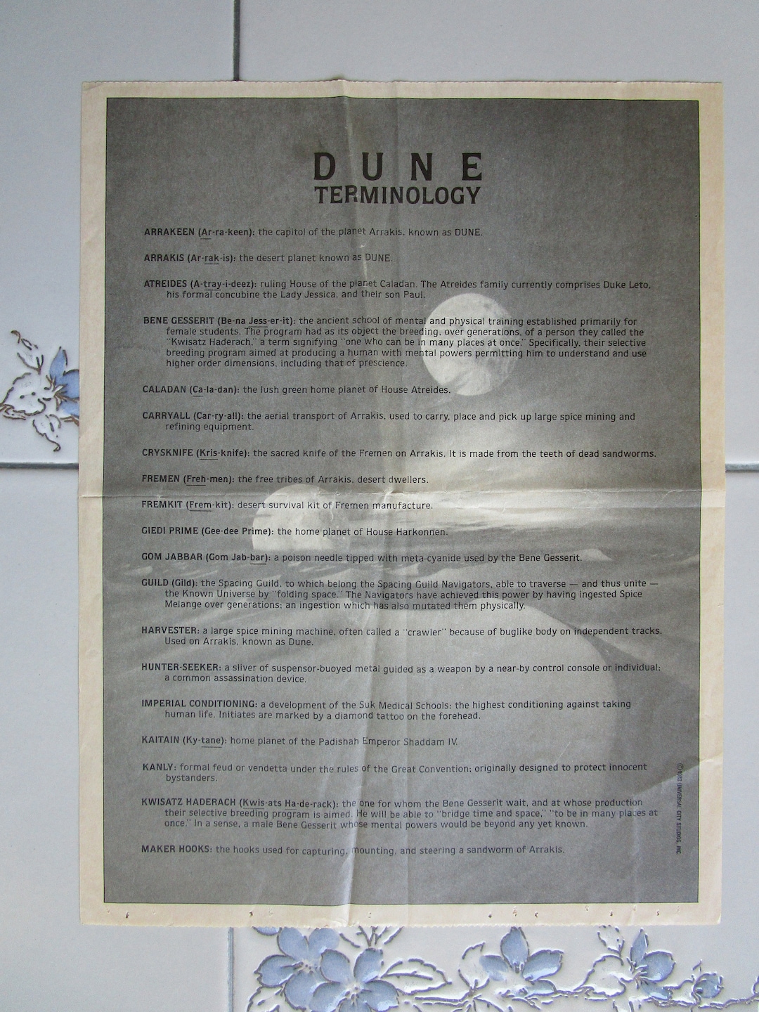 DUNE Terminology David Lynch's 1984 Movie Sheet handout - Etsy