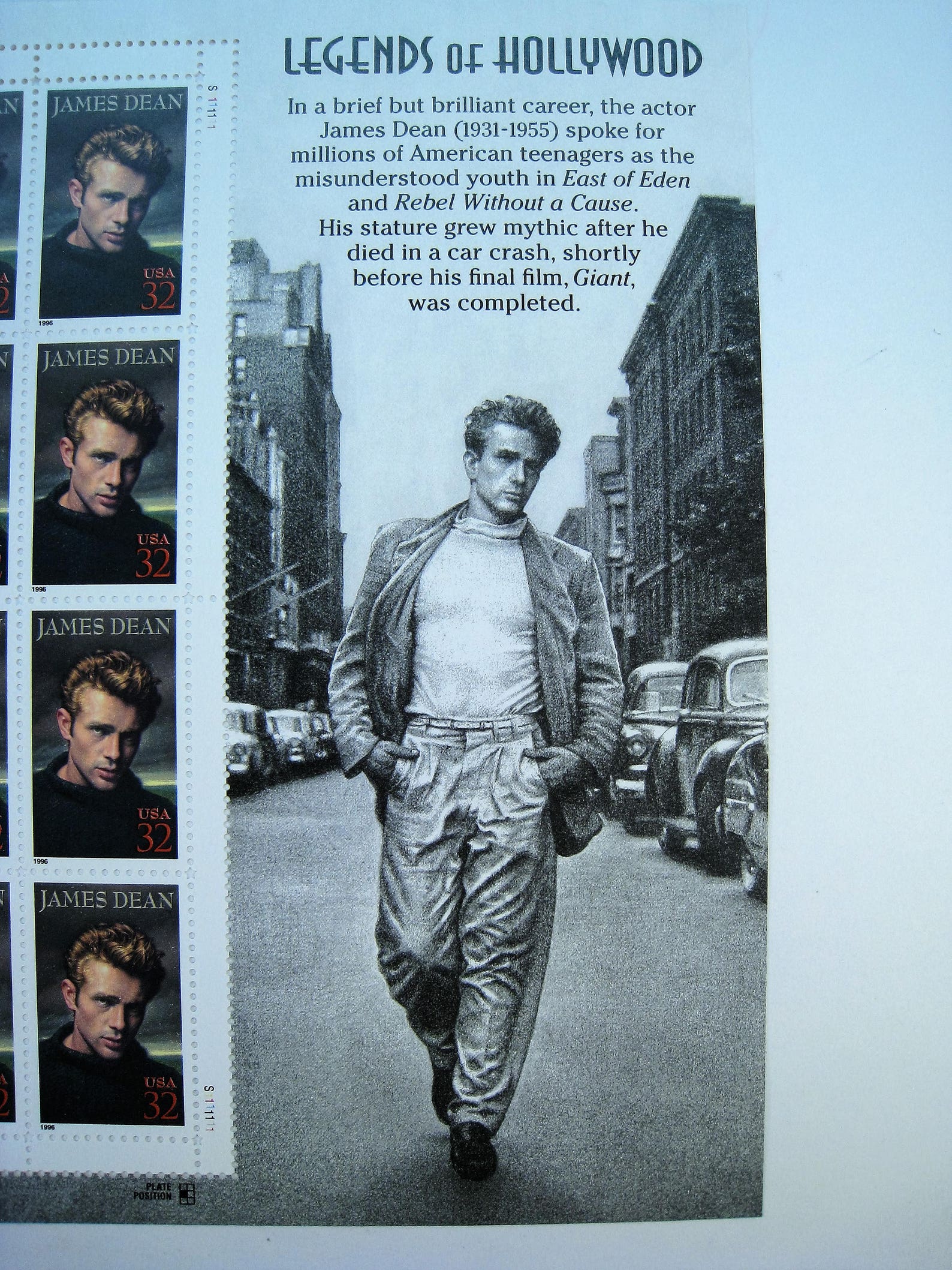 JAMES DEAN: Legends of Hollywood Stamps - COLLECTIBLE 1996 Full Uncut ...