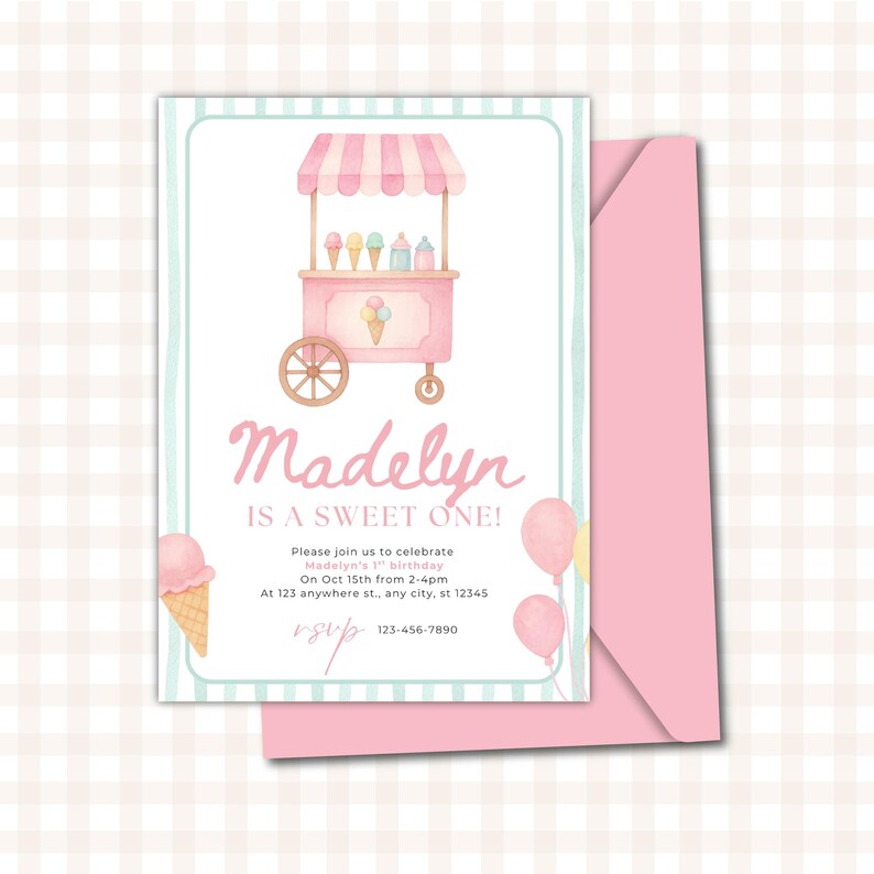 Ice Cream Birthday Invitation: Sweet One, Pastel Colors (editable ...
