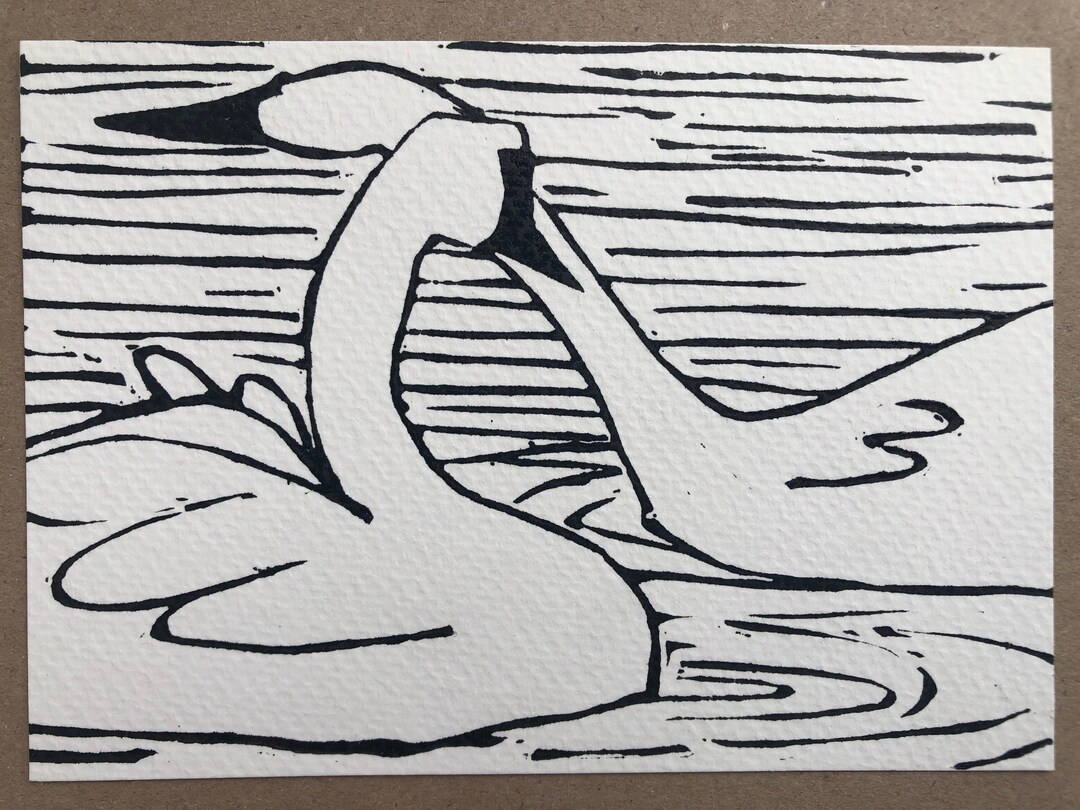 Swan Card - Hand Printed - Unique Design - Linocut Card - Swan Lino ...