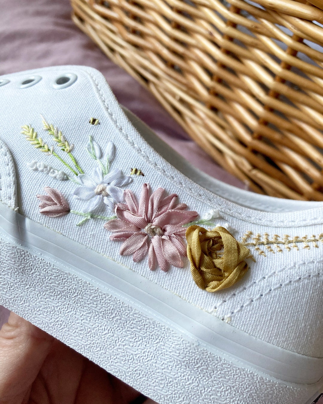 Soft Pink Custom Wedding Shoes, Custom Wedding Sneakers, Silk Ribbon ...