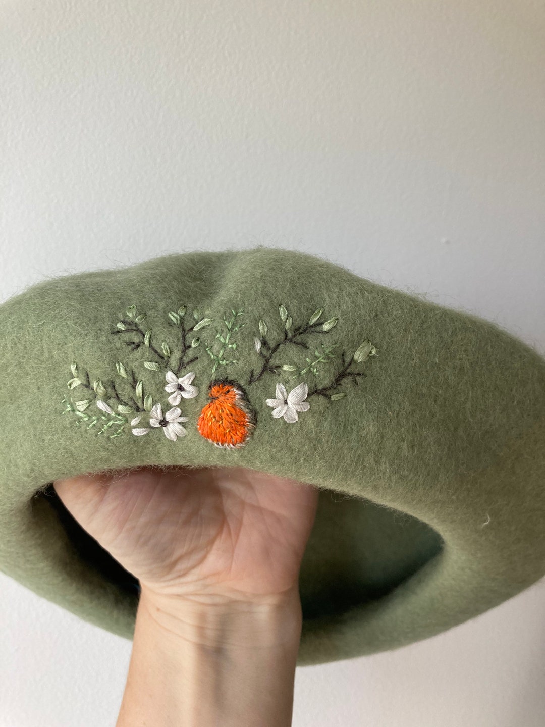 Robin Embroidered Beret Winter, Hand Stitched Beret, French Style Beret ...