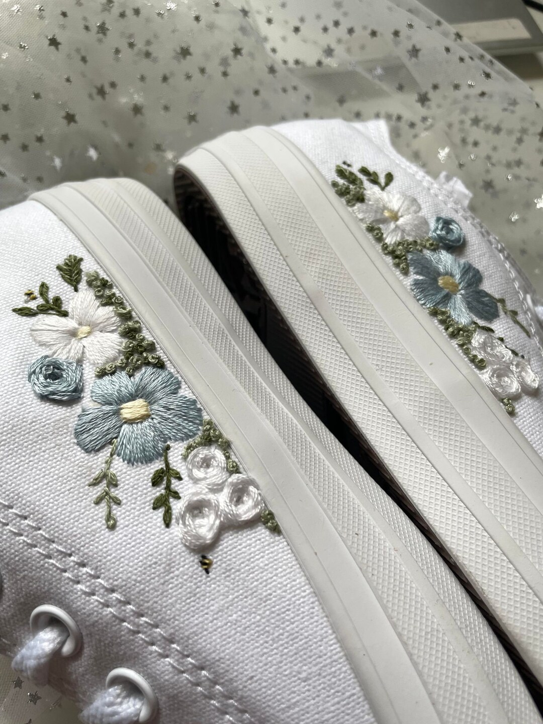 Dusty Blue Custom Wedding Shoes, Blue Flowers Wedding Sneakers, Bridal ...